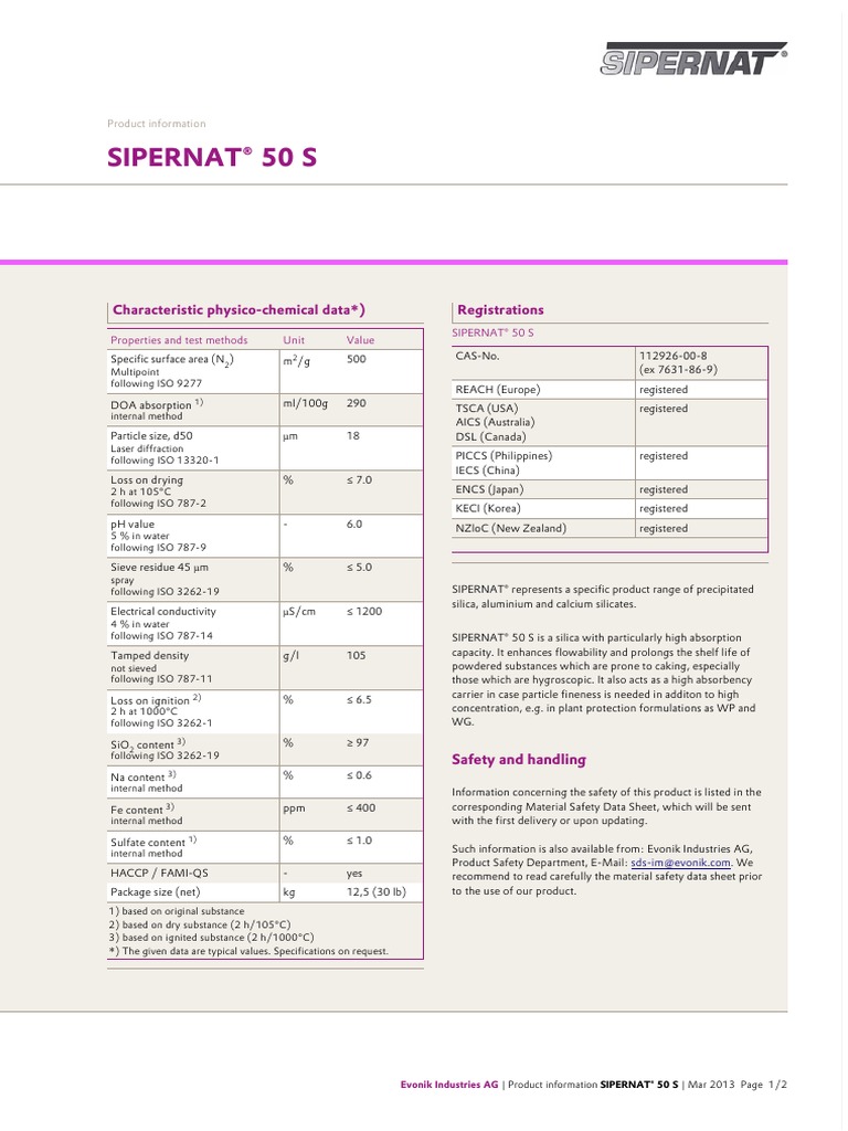 TDS Sipernat 50S Original | PDF | Silicon Dioxide | Chemical Substances