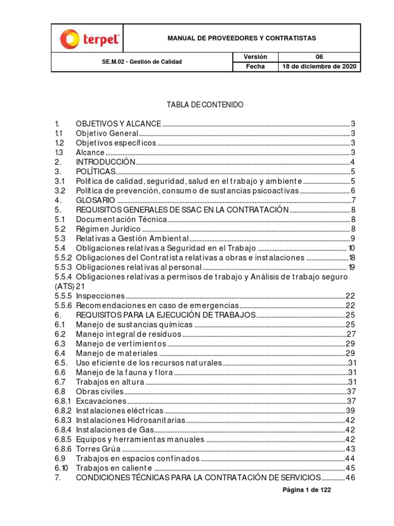 SE M 02 Manual Proveedores y Contratistas V6 - 2020 | Descargar gratis PDF | Contratista general ...