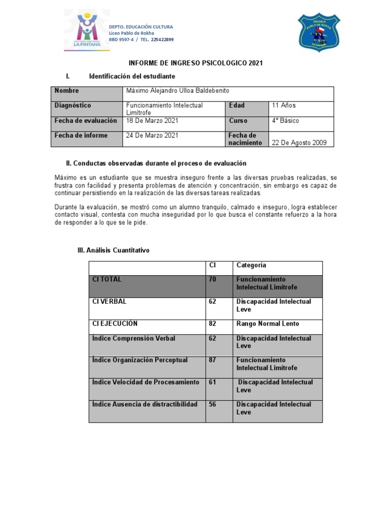4° Basico-Informe de Ingreso Maximo Ulloa 2021 FIL | PDF | Cociente de ...