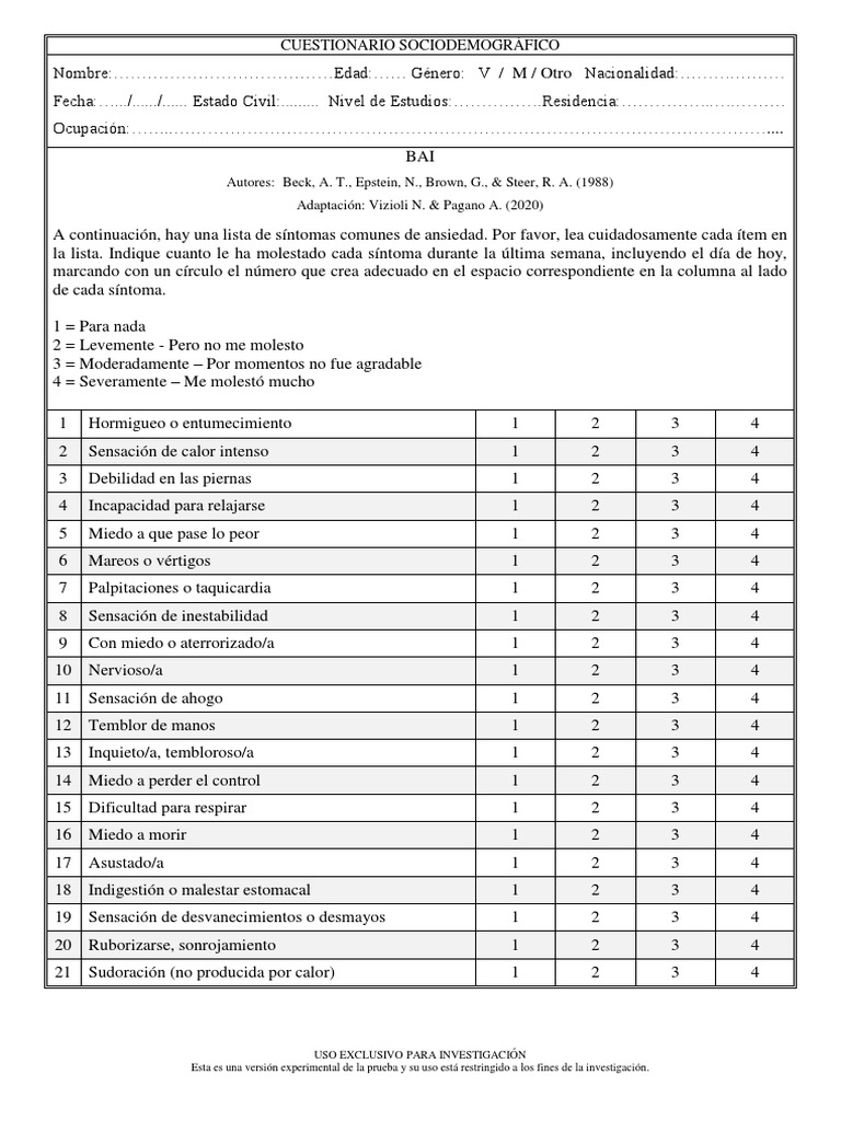 Beck Anxiety Inventory - Protocolo | PDF | Enfermedades y trastornos ...