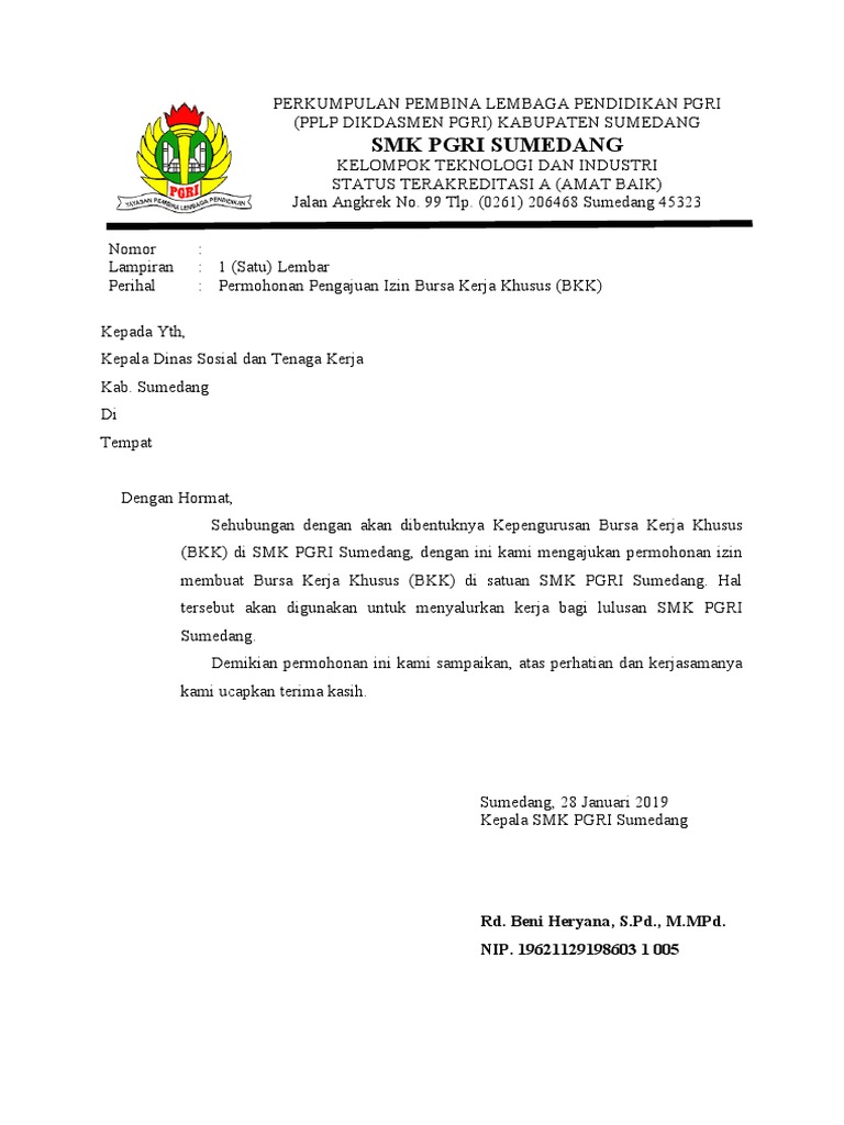 Surat Permohonan Izin Kepengurusan BKK | PDF