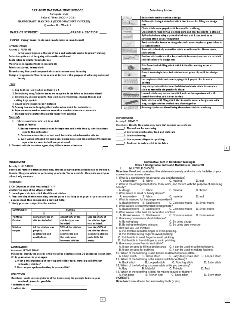 Week1 Handicraft Worksheet FINAL | PDF | Embroidery | Decorative Arts