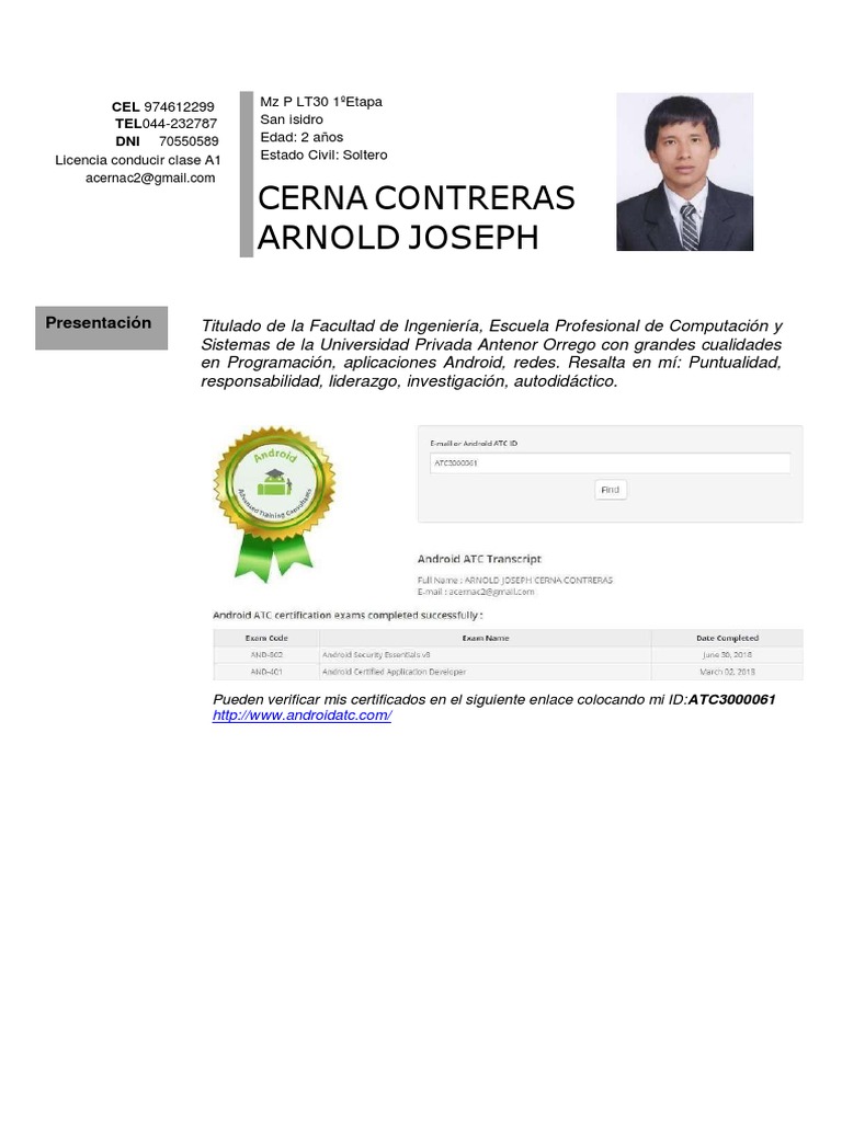 Arnold Joseph Cerna Contreras-Cv | PDF | Software de la aplicacion ...