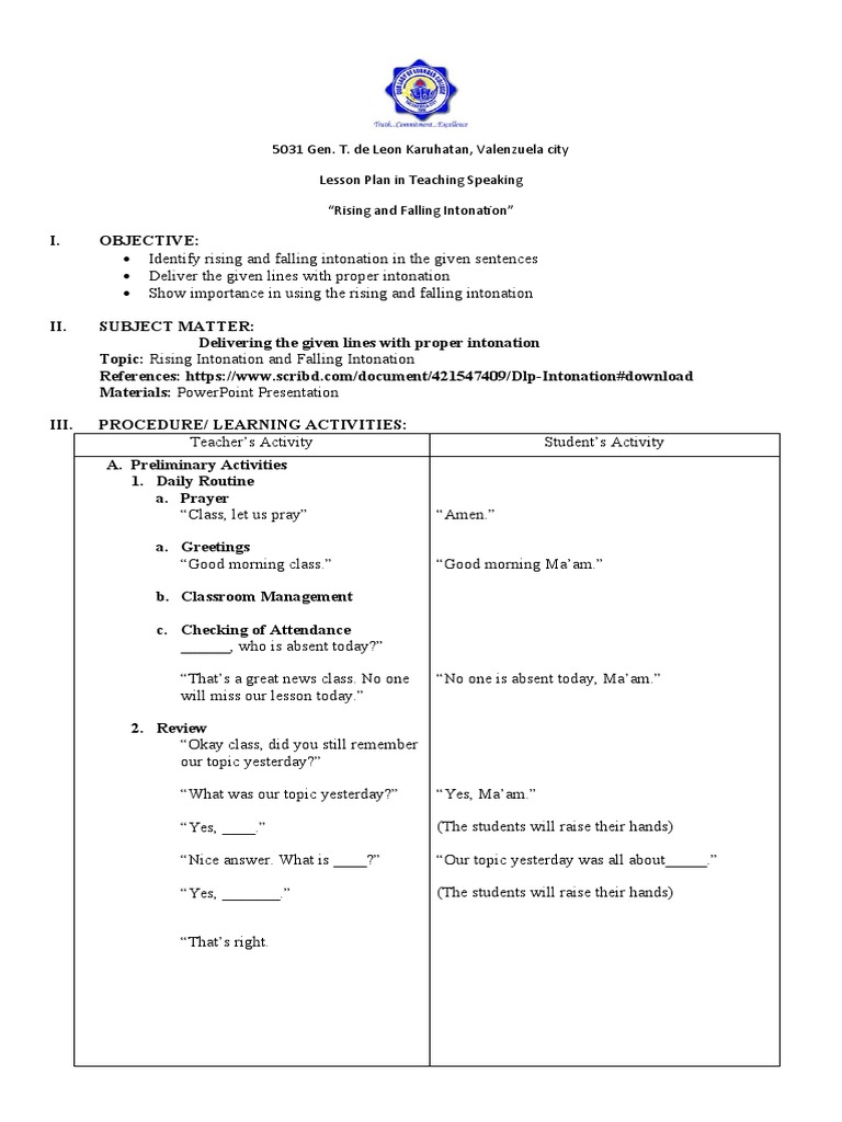 Detailed Lesson Plan in Intonation | PDF | Question | Lesson Plan