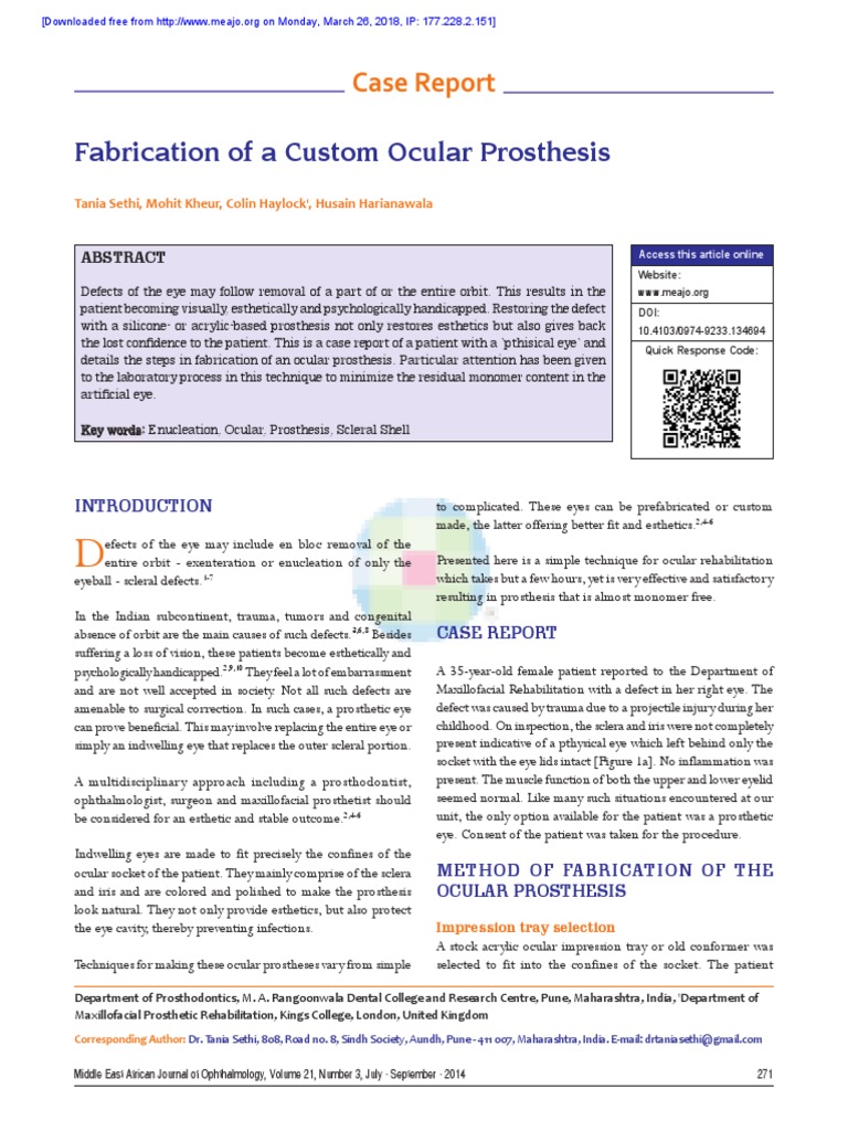 Fabrication of A Custom Ocular Prosthesis: Case Report | PDF ...