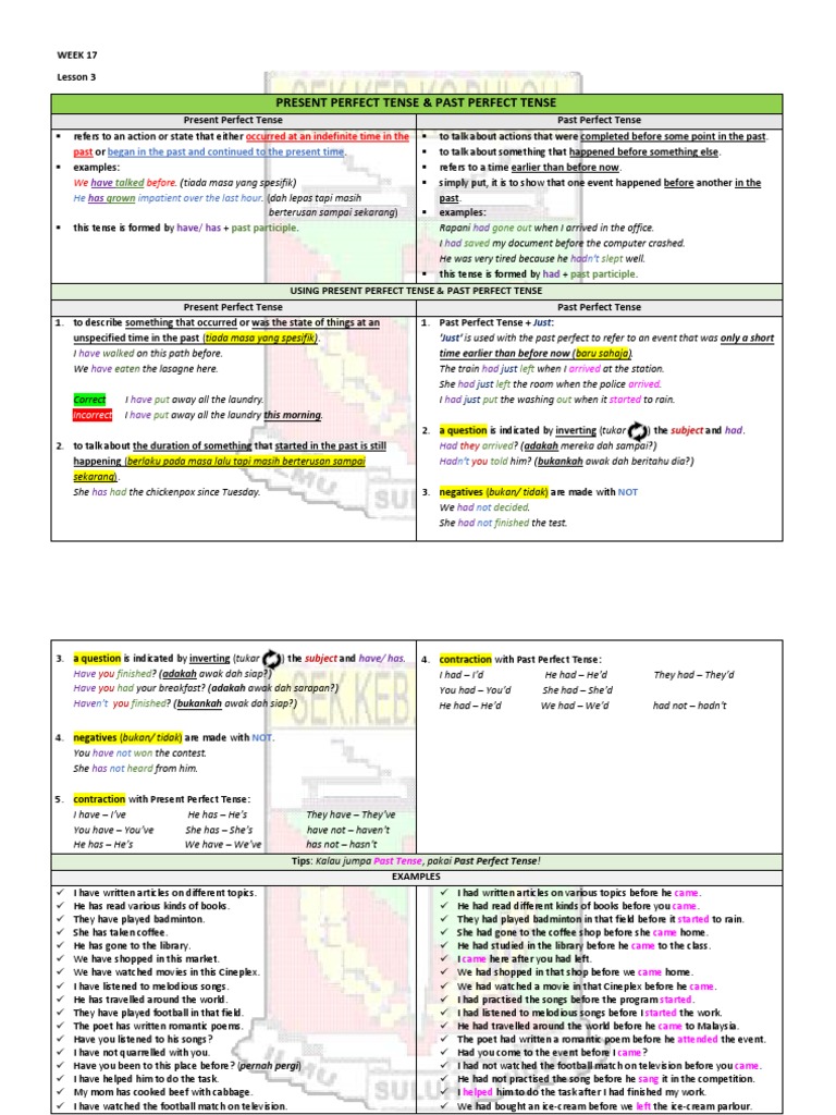 Present Perfect Tense & Past Perfect Tense | PDF | Perfect (Grammar ...