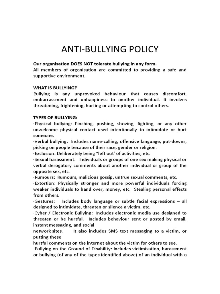 BSBDIV501 Manage Diversity in The Work Place-Anti Bullying Statement ...