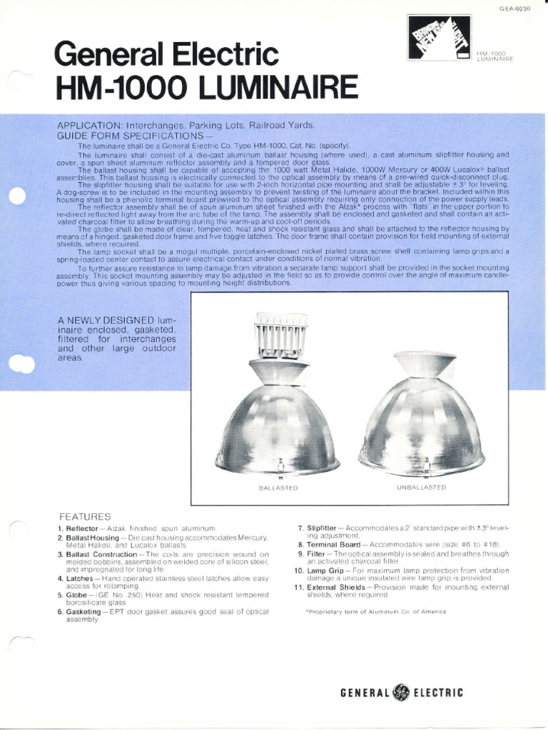 GE Lighting Systems HM-1000 High Mast Series Spec Sheet 3-70 | PDF ...
