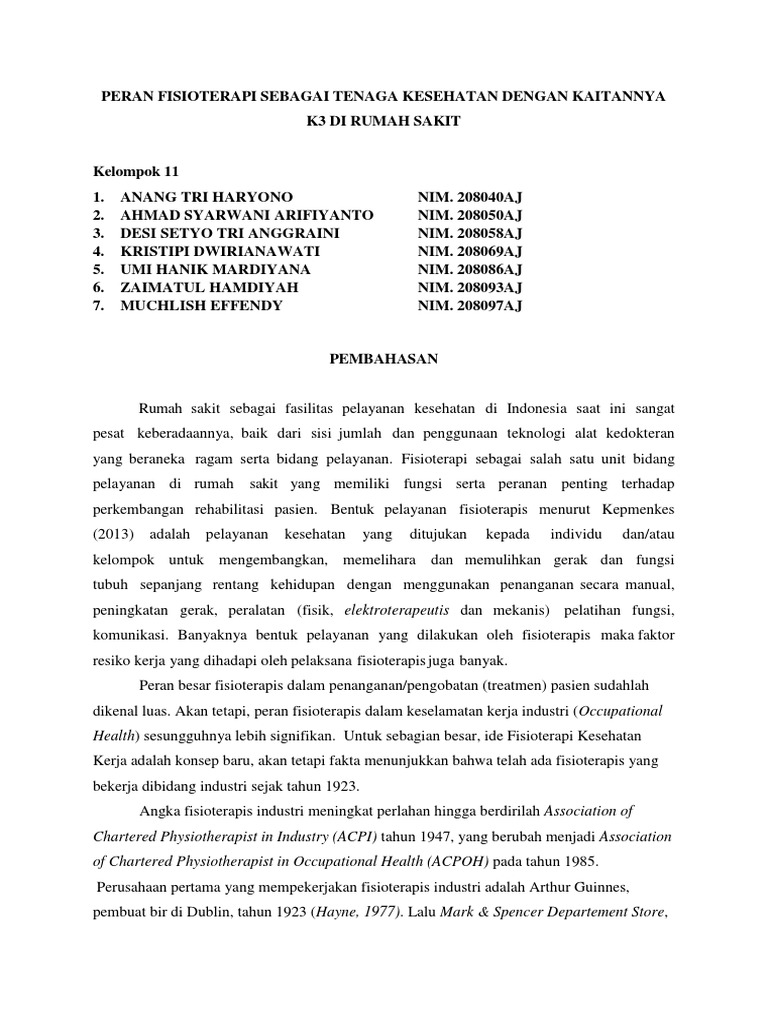 Tugas Ergonomi - Peran Fisioterapi Sebagai Tenaga Kesehatan Dengan Kaitannya k3 Di Rumah Sakit | PDF
