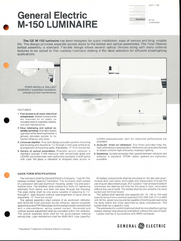 GE Lighting Systems M-150 Series Roadway Cobrahead Spec Sheet 3-83 ...