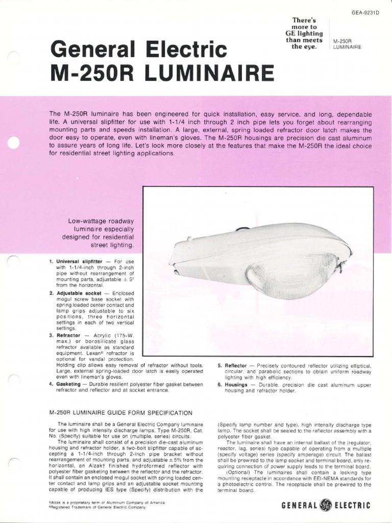 GE Lighting Systems M-250R Series Roadway Cobrahead Spec Sheet 6-80 ...