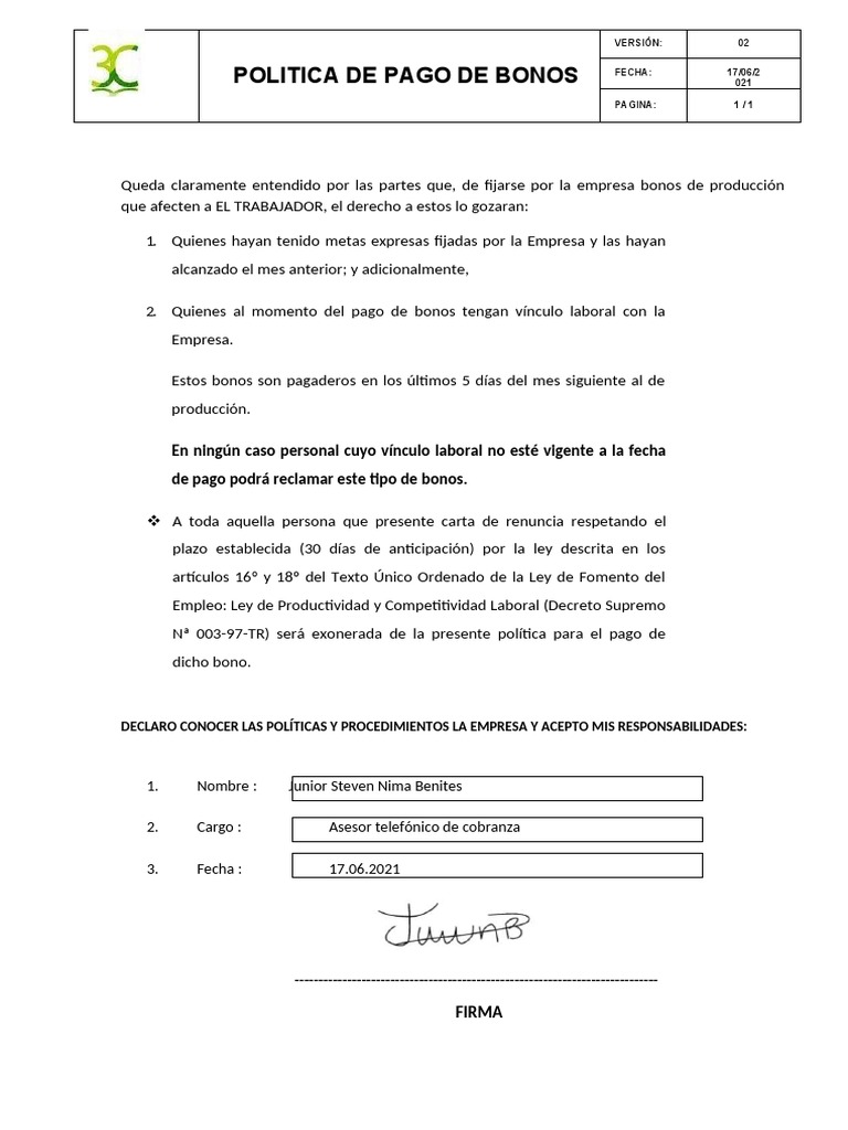 Politica de Pago de Bonos | PDF
