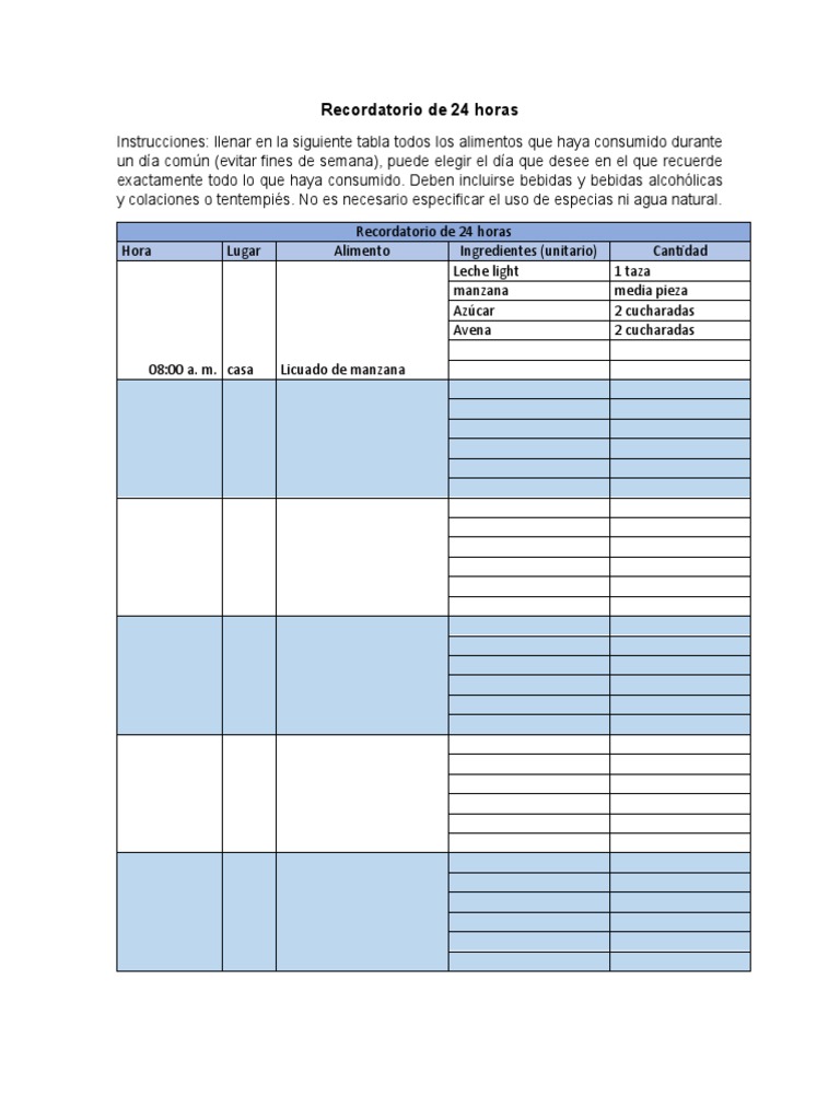 Recordatorio de 24 Horas. | PDF | Bebida | Alimentos