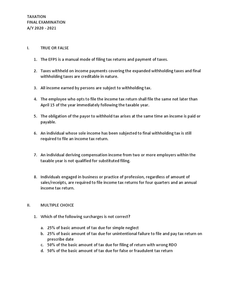 Taxation Final Exam Review 2020-2021 | PDF | Income Tax | Withholding Tax