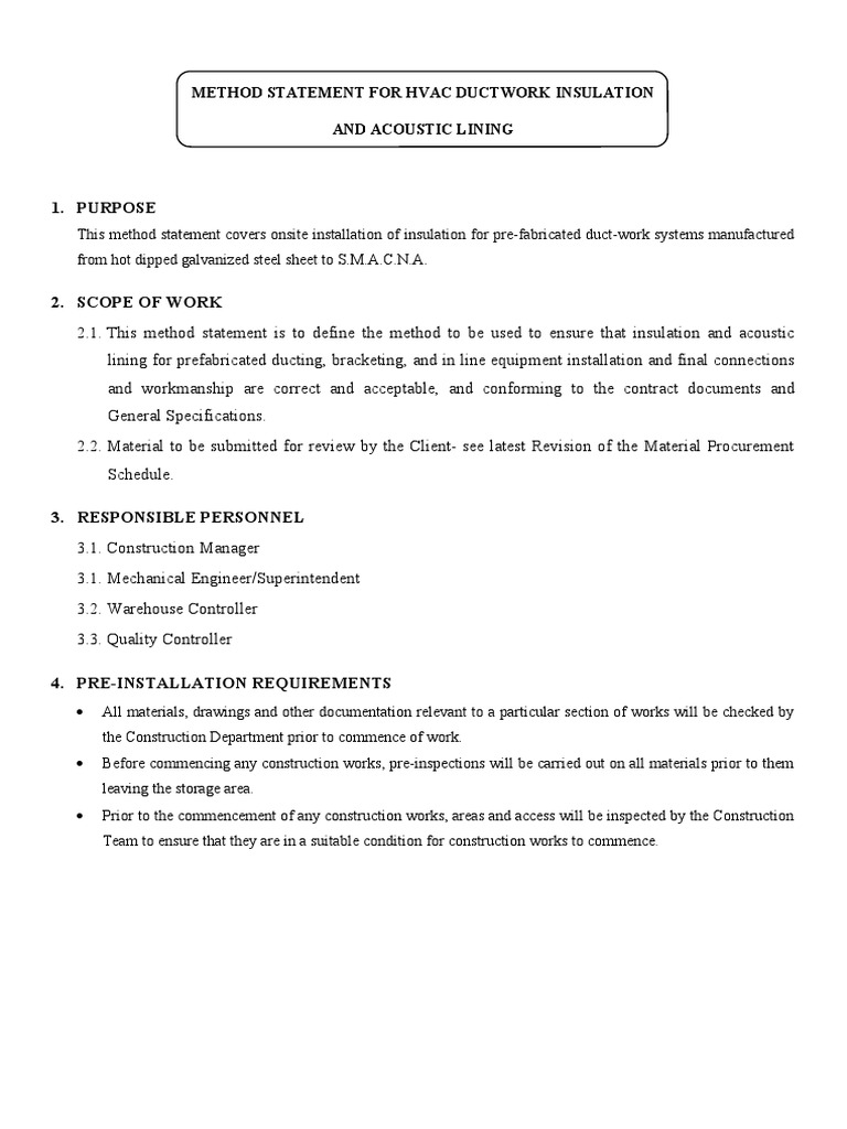 Method Statement For HVAC Ductwork Insulation and Acoustic Lining | PDF ...