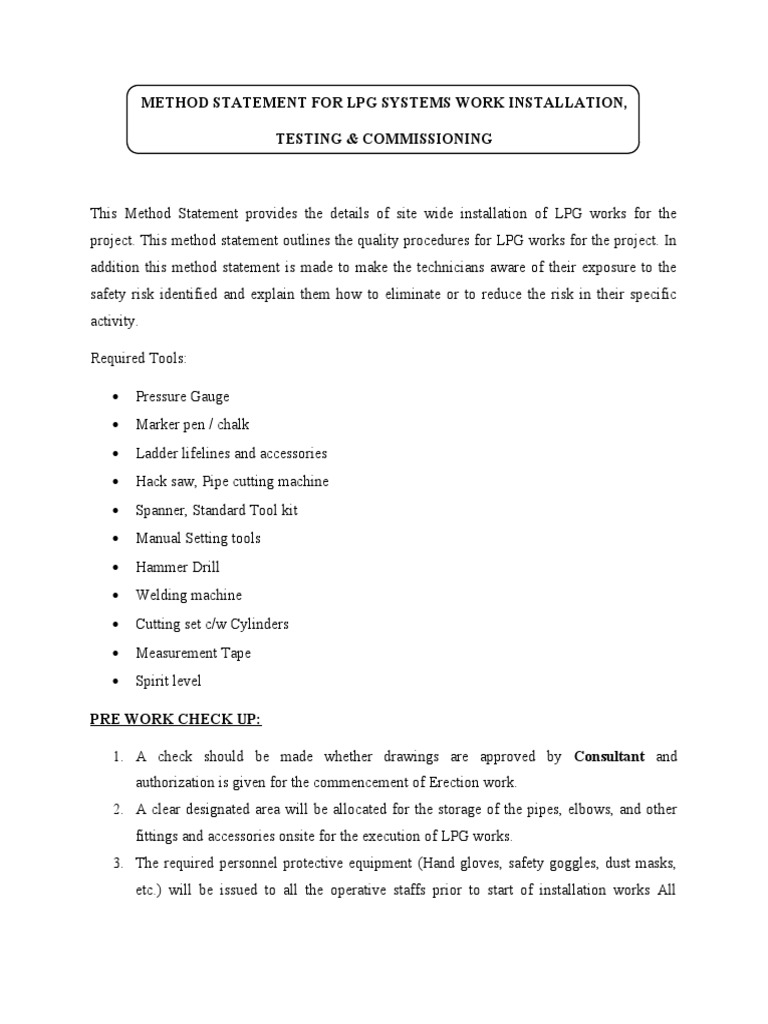 Method Statement For Lpg Systems Work Installation Testing