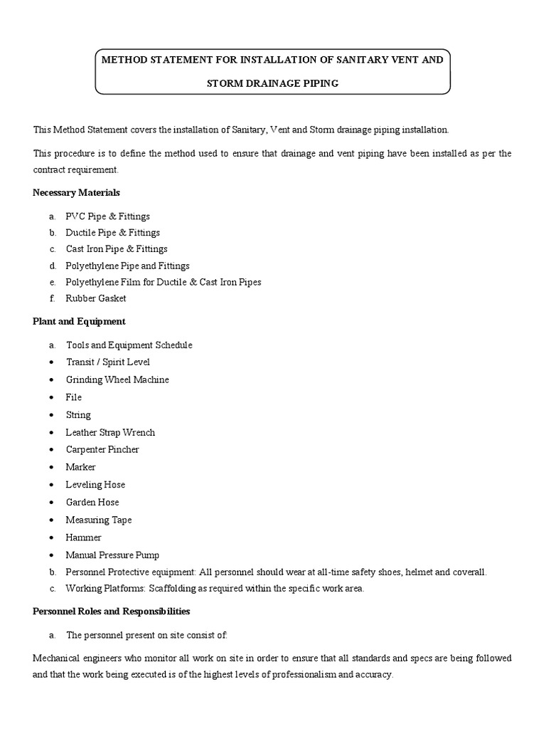 Method Statement For Installation of Sanitary Vent and Storm Drainage ...