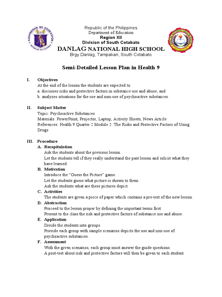 Danlag: National High School Semi-Detailed Lesson Plan in Health 9 ...