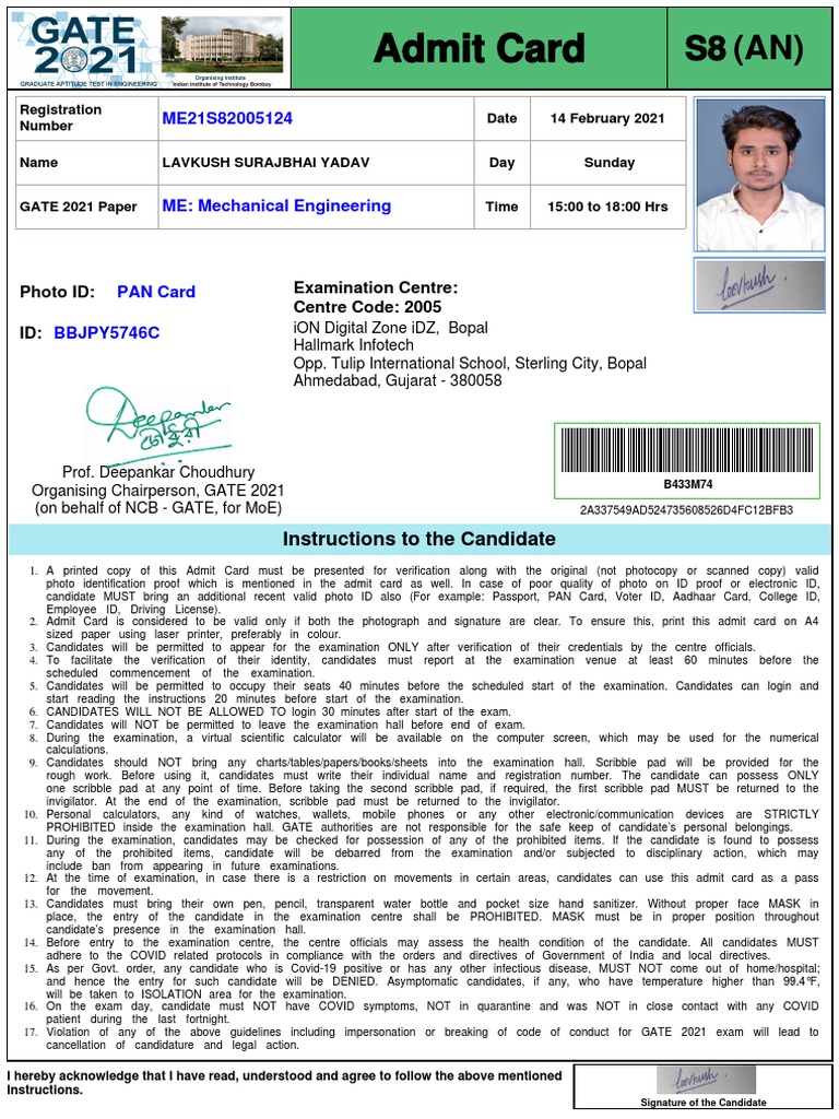 Admit Card: Instructions To The Candidate | PDF | Test (Assessment ...