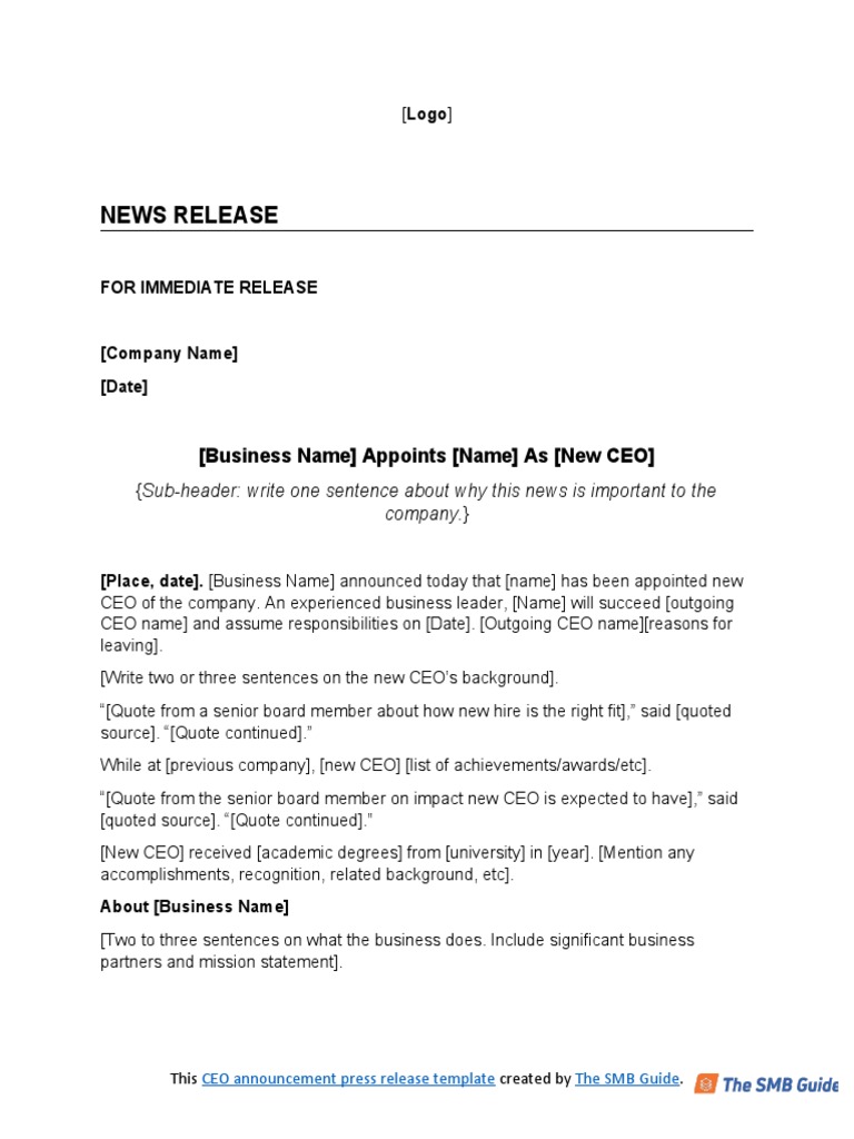 Ceo Announcement Press Release Template Download 20200511 | PDF