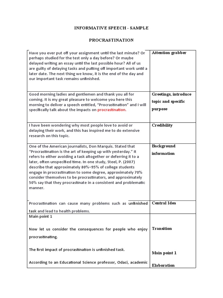 Informative Speech - Sample Procrastination Attention Grabber | PDF ...