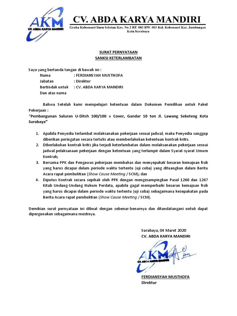 Surat Pernyataan Sanksi Keterlambatan FIX | PDF