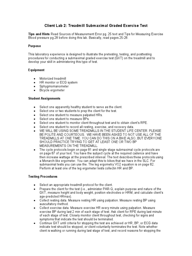 Client Lab 2: Treadmill Submaximal Graded Exercise Test | Download Free ...