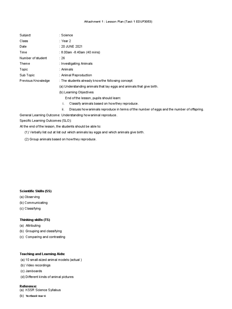 LESSON PLAN - Task 1 EDUP3053 | PDF | Reproduction | Lesson Plan