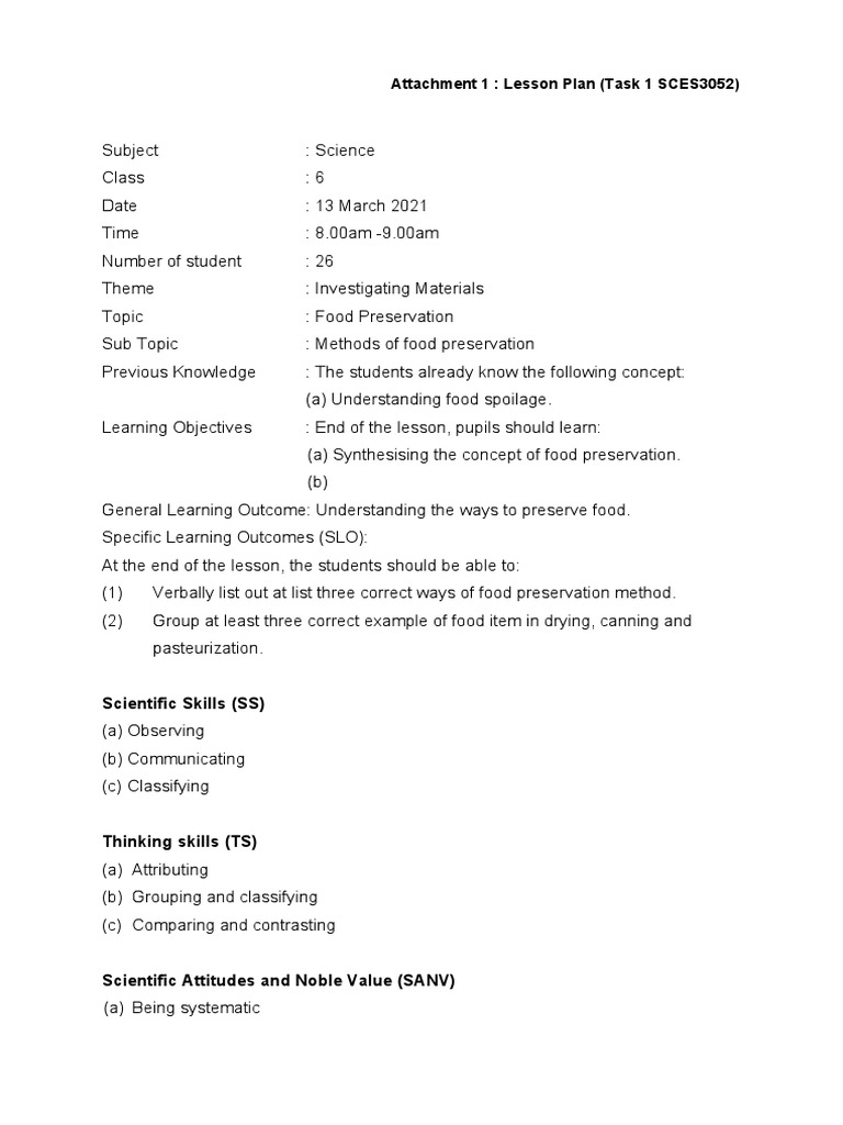 LESSON PLAN - Task 1 SCES3052 | PDF | Food Preservation | Lesson Plan