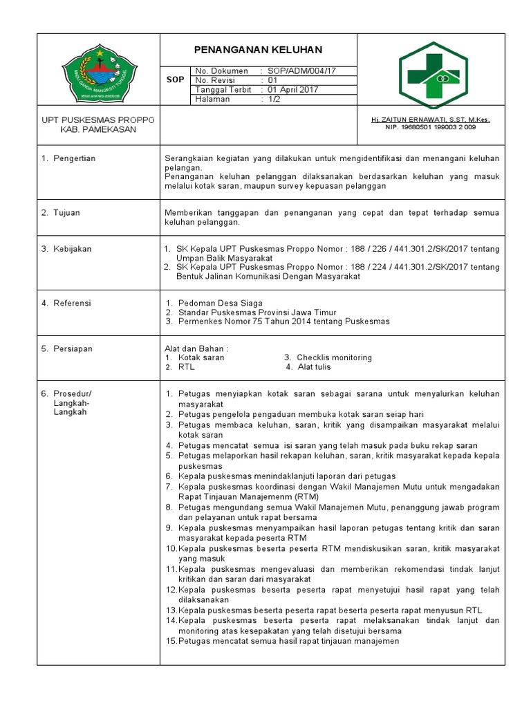 1.1.2 (1) Sop Penanganan Keluhan | PDF