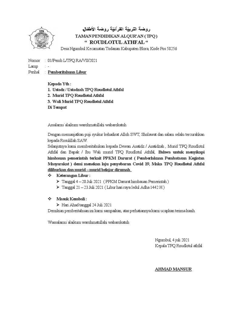 Pemberitahuan Libur TPQ | PDF