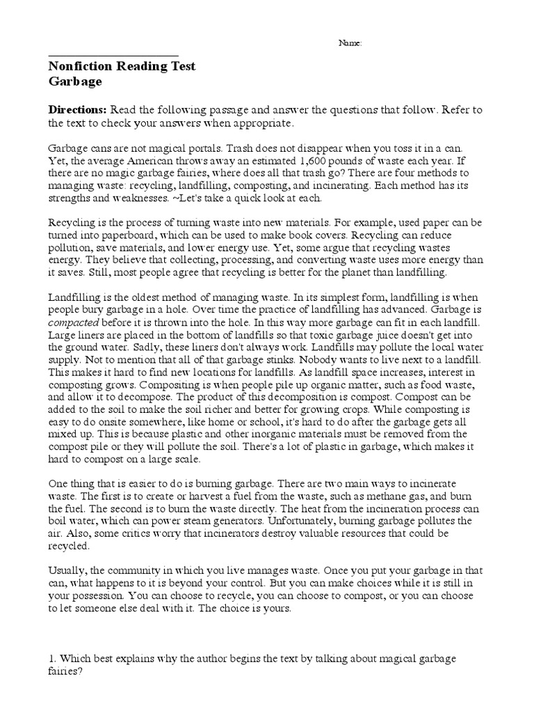 Nonfiction Reading Test Garbage | PDF | Landfill | Waste