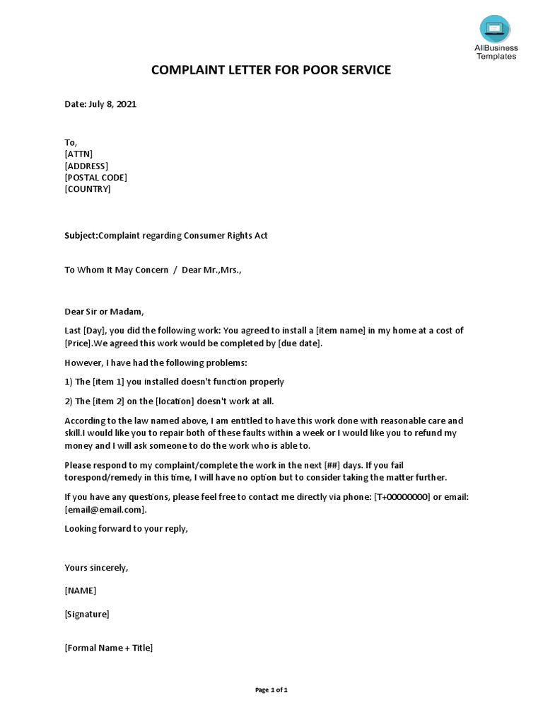 9.b. Complaint - Letter - For - Poor - Service | PDF