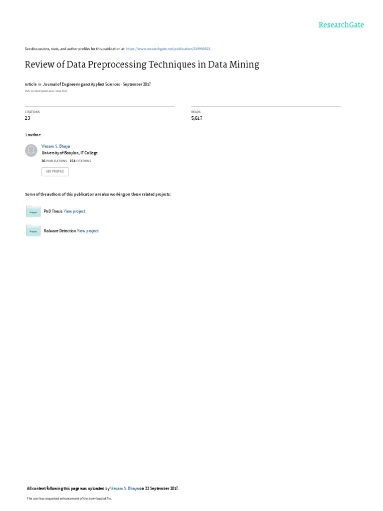 Review of Data Preprocessing Technique in Data Mining | PDF