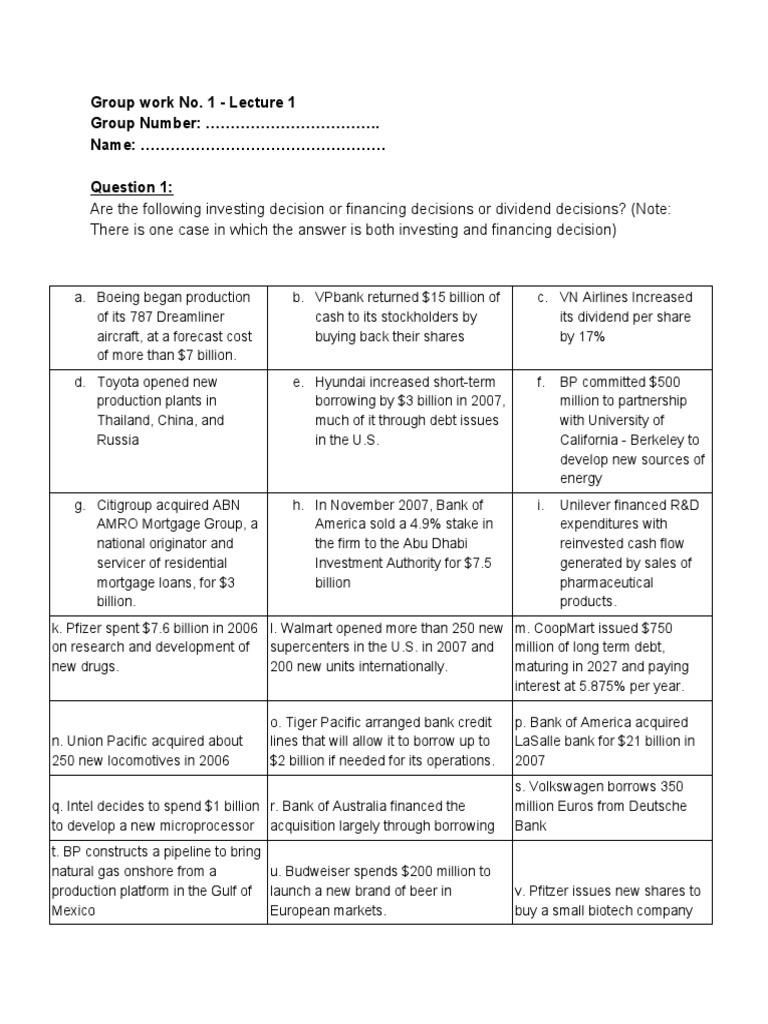 Group Work No. 1 - Lecture 1 Group Number: .. Name | PDF | Debt | Banks
