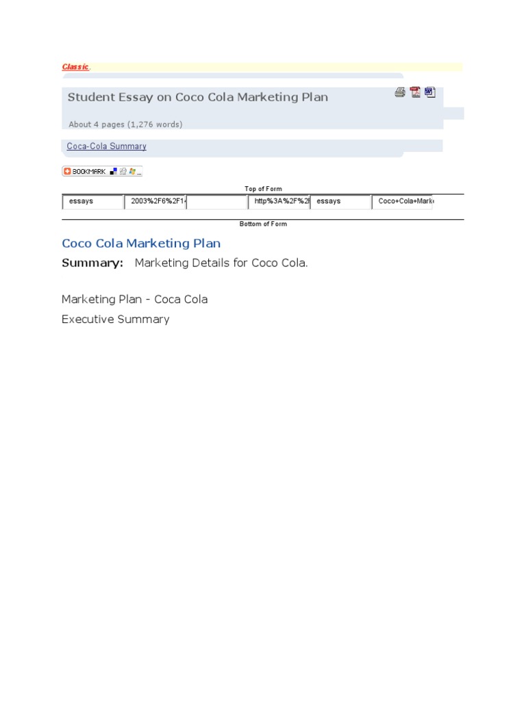 Student Essay On Coco Cola Marketing Plan | PDF | The Coca Cola Company ...