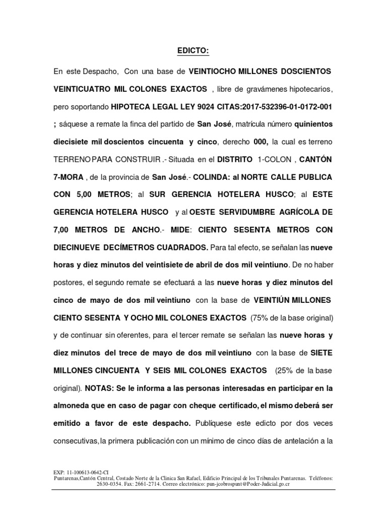 Edicto de subasta judicial de terreno para construir en Puntarenas | PDF