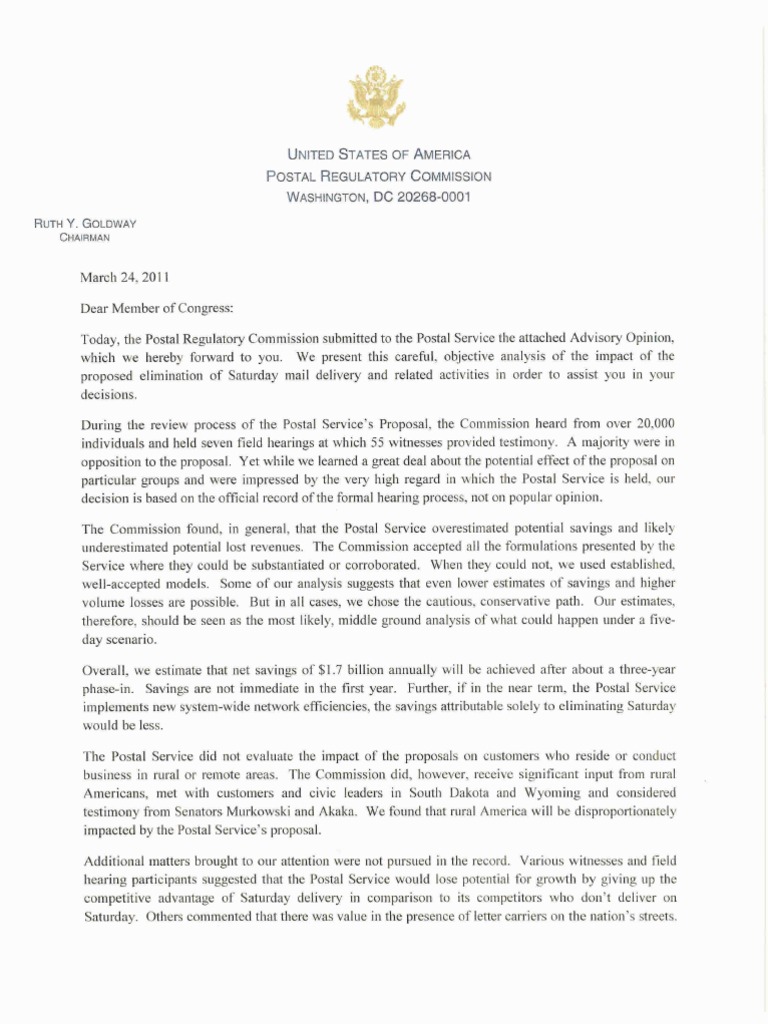 PRC Letter To Congress | PDF | United States Postal Service | Mail