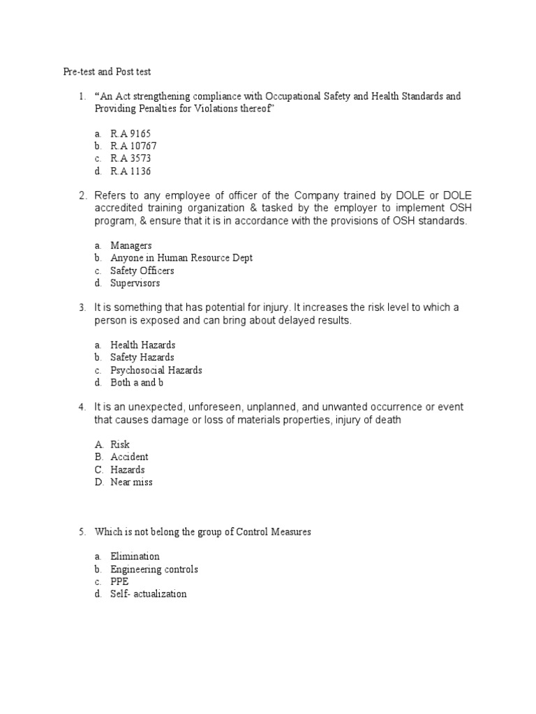 OSH Pre-Test and Post-Test Questionnaire | PDF