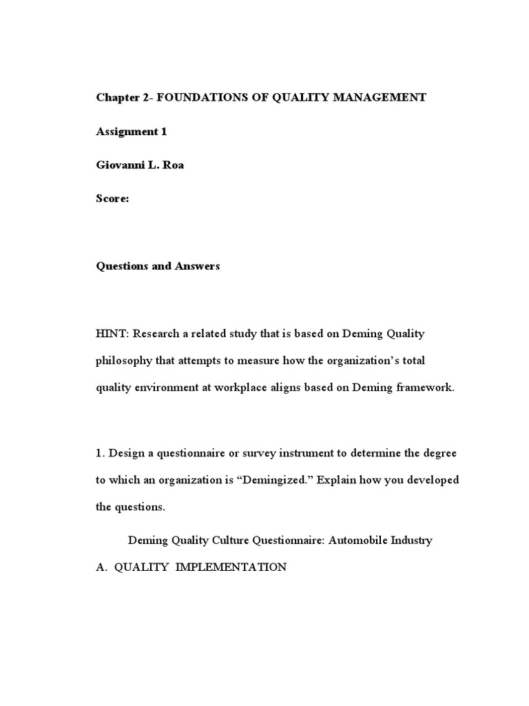 Chapter 2-Foundations of Quality Management Assignment 1 Giovanni L. Roa Score | PDF | Customer ...
