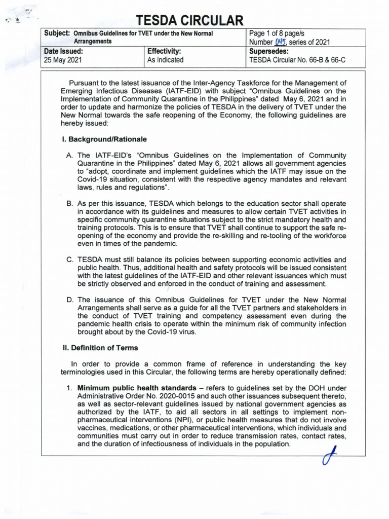 TESDA Circular No. 045 Omnibus Guidelines For TVET Under The New Normal ...