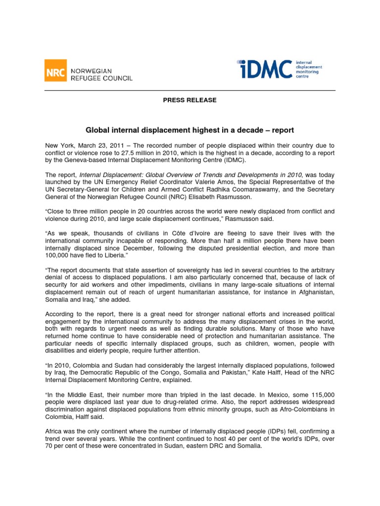 IDMC Global Overview PR 2010 | PDF | Internally Displaced Person ...