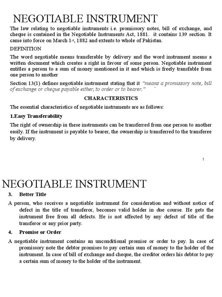 Negotiable Instrument: of Exchange or Cheque Payable Either, To Order ...