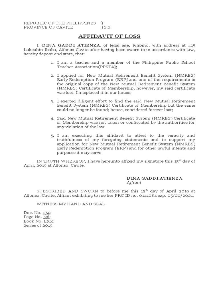 AFFIDAVIT OF LOSS Misplaced PPSTA NMRBS | PDF