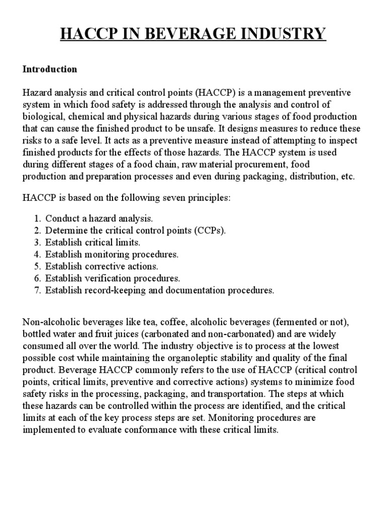 HACCP in Beverage Industry | PDF | Hazard Analysis And Critical Control ...