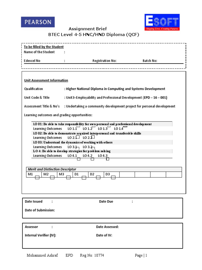 Assignment Brief BTEC Level 4-5 HNC/HND Diploma (QCF) : To Be Filled by The Student | Download ...