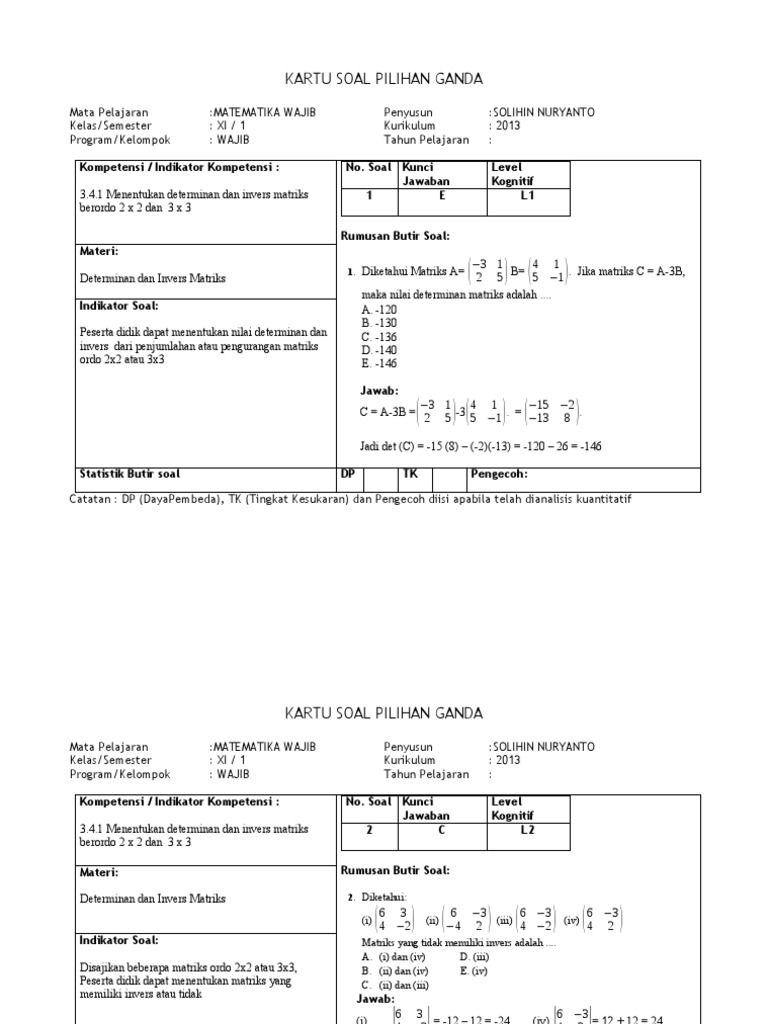 Kartu Soal Determinan Dan Invers Matriks | PDF