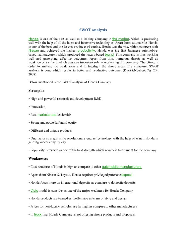 A Comprehensive SWOT Analysis of Honda Company Highlighting Its Strong ...