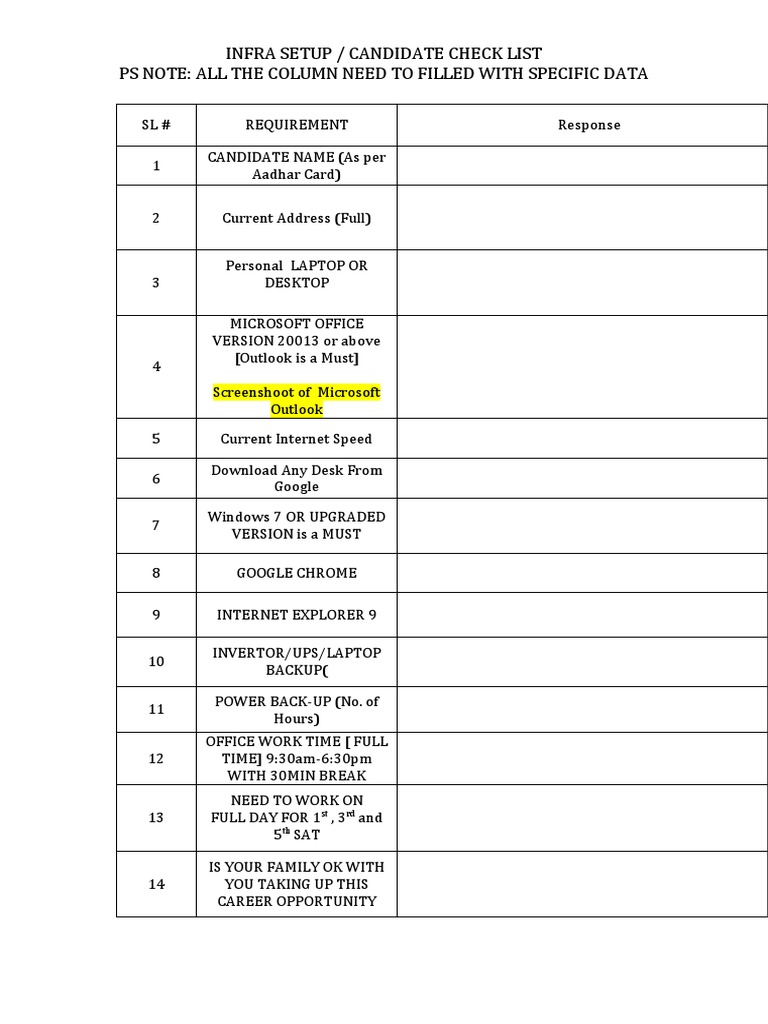 Infra Setup / Candidate Check List Ps Note: All The Column Need To ...