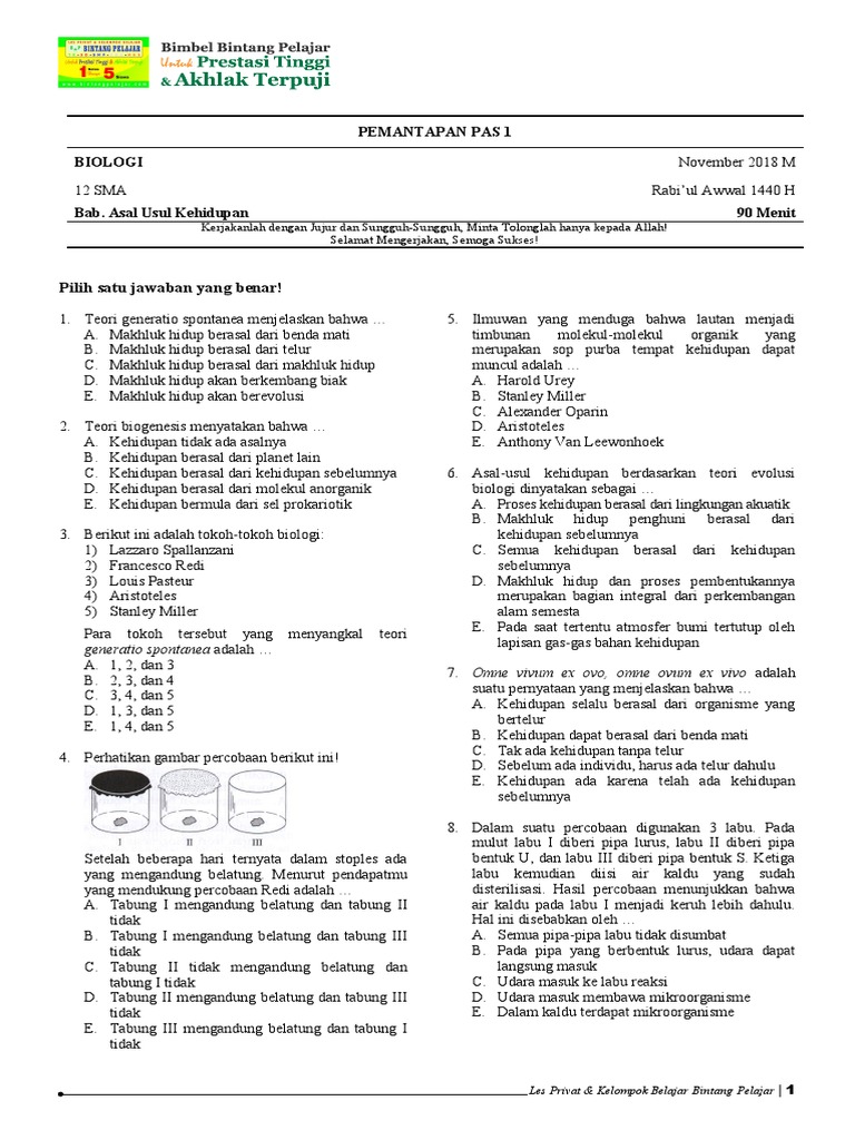 Bank Soal PAS Biologi 12 SMA (Asal-Usul Kehidupan) - Sem 1 (Layout) TA18-19 | PDF
